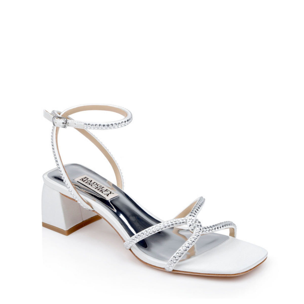 Badgley Mischka - Brisa - Low Block Heeled Sandal with Crystal Straps - Soft White – The White ...