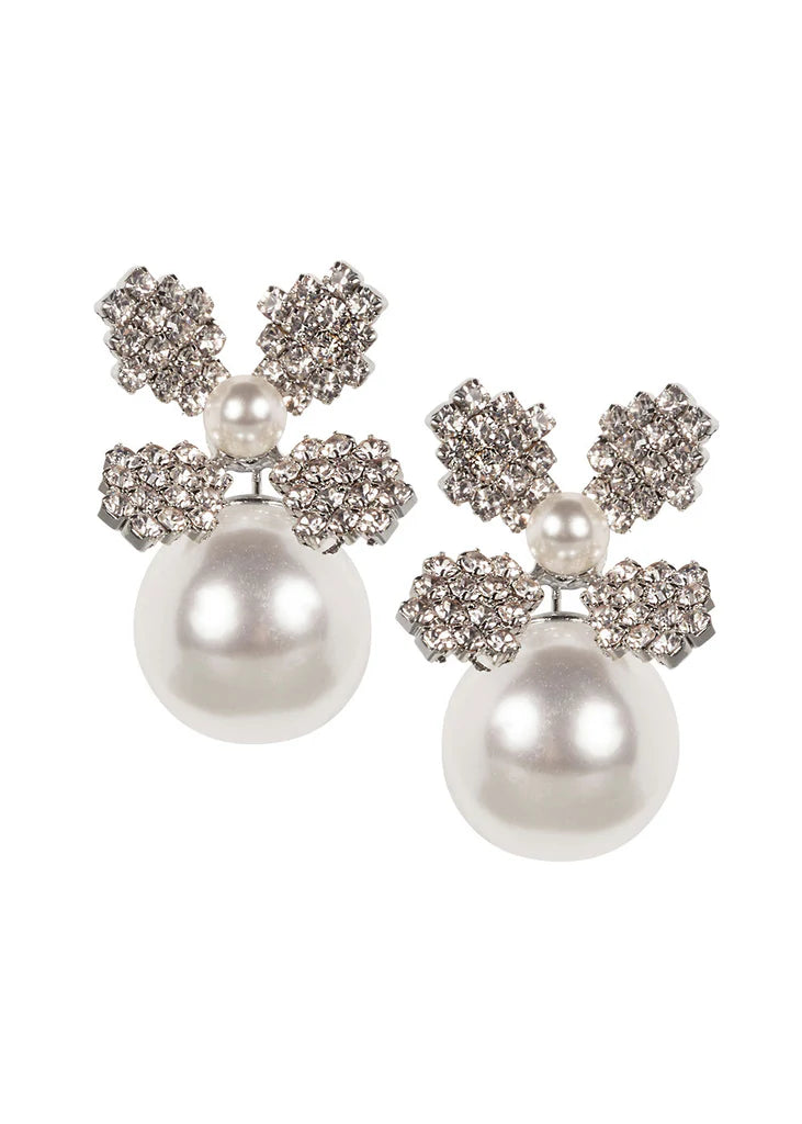 Elizabeth Bower - June Duet Pearl & Crystal Stud - Rhodium Silver – The White Collection